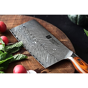XINZUO Damascus Steel 7 Inch Cleaver Knife, Professional Butcher Knife Sharp Chinese Chef Knife Chopping Knife Kitchen Knife Vegetable, Ergonomic Rosewood Handle-Yi Series