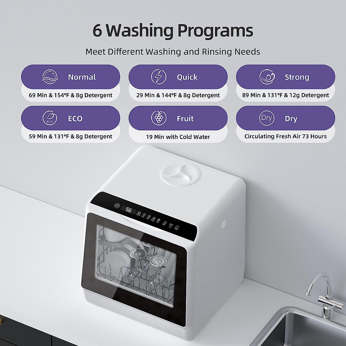 FIREGAS Portable Countertop Dishwasher, 5 L Built-in Water Tank & Inlet Hose, 6 Washing Programs Mini Dishwasher with Air-Dry Function and LED Light for Apartments, Dorms and RVs