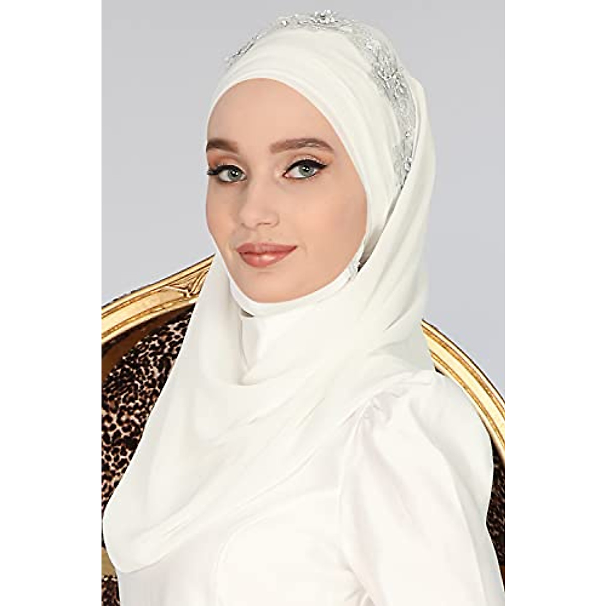 Aisha's Design Chiffon Hijab Shawl for Women Muslim, Turban Scarf with Lace Accessories, Off-White-Silver