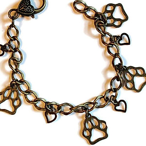 Paw Print Antique Gold Brass Charm Bracelet, Boho Charm Bracelet