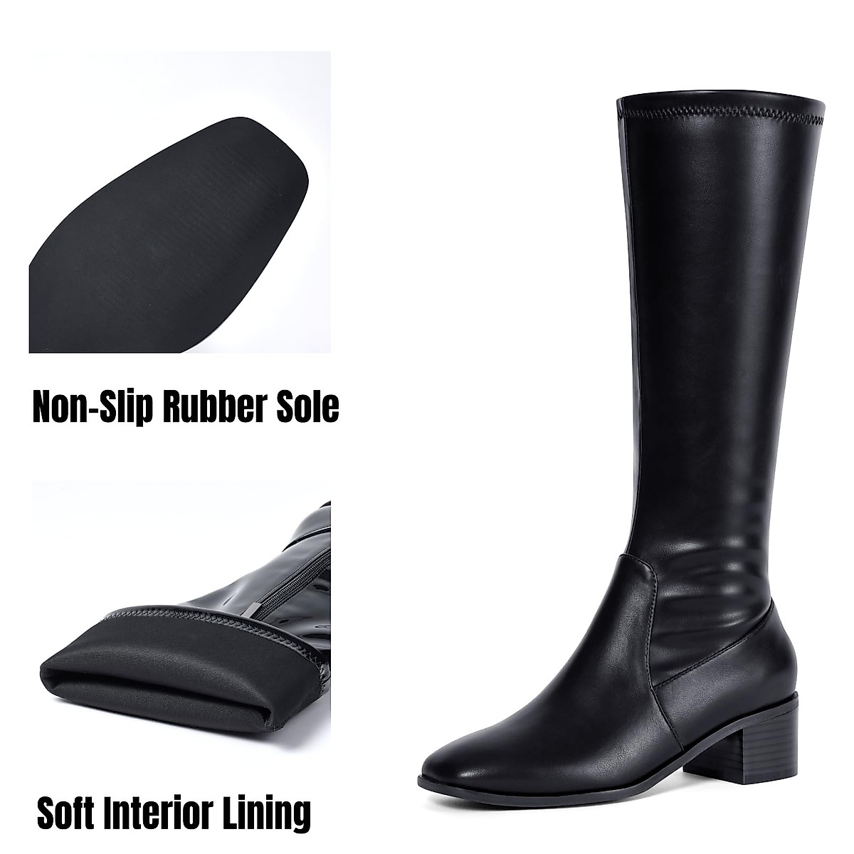 Elisabet Tang Knee High Boots for Women 2 inch Chunky Low Heel Boots Square Toe Side Zipper Fall Winter Comfort Boots Black Size 10