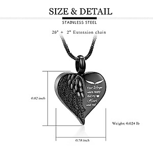 Yinplsmemory Love Heart Urn Necklace for Ashes Keepsake Memorial Cremation Jewelry Stainless Steel Angel Wing Ashes Holder Memorial Gift for Loss of Father/Mother/Pet (Black)