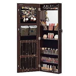 SONGMICS Jewelry Cabinet Armoire with Mirror, Wall or Door Mount Storage Organizer with Full-Length Frameless Mirror, Lockable Cabinet with Built-in Small Mirror, Shelves, Gift Idea, Brown UJJC003K01