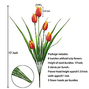 Guagb 8 Bundles Outdoor Artificial Tulips Fake Flowers UV Resistant Faux Plastic Greenery Shrubs Plants for Home Outside Garden Porch Window Farmhouse Decor (Orange)