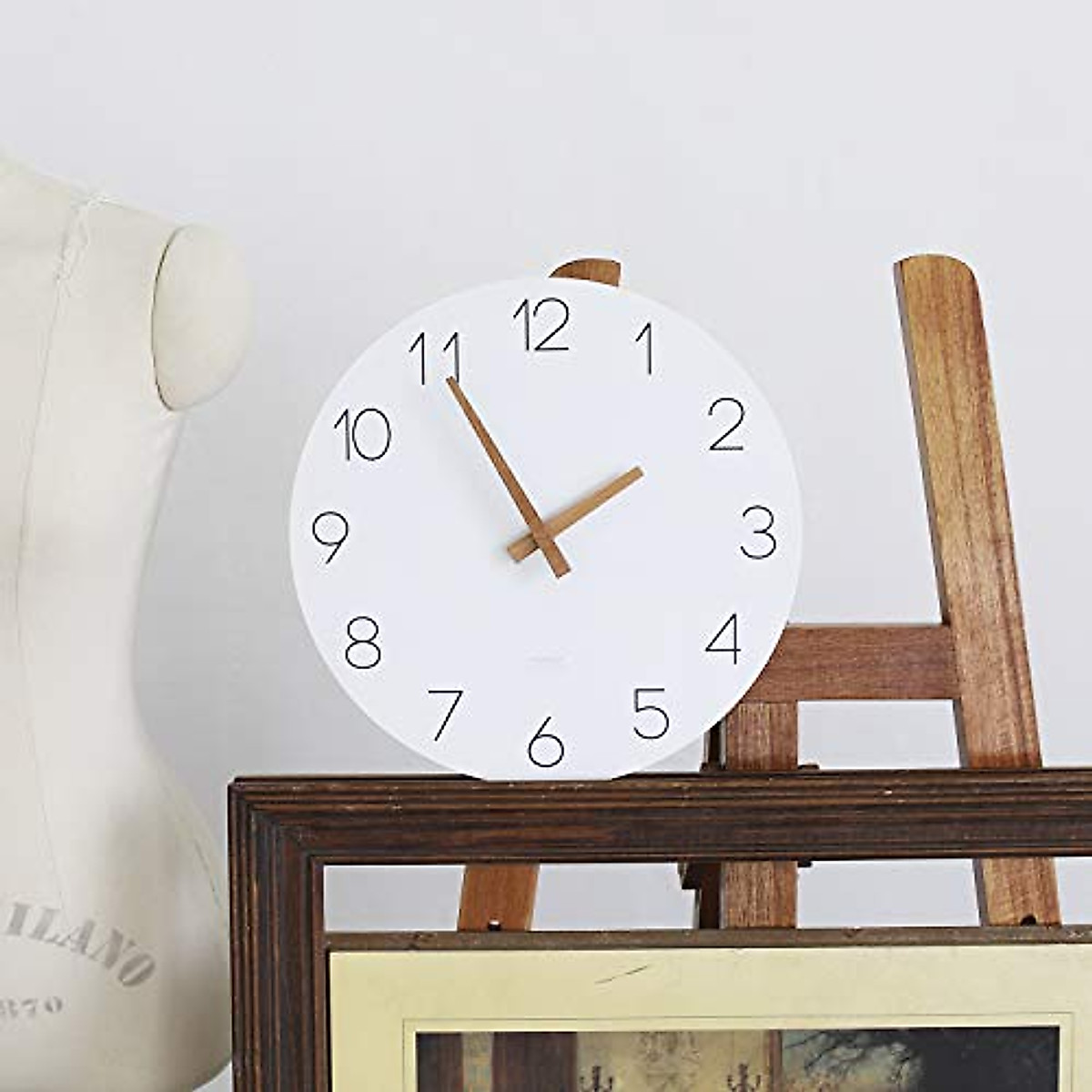 mooas Flatwood Wall Clock, 12" Wood Wall Clock Non-Ticking Sweep Movement Decorative Wall Clock Battery Operated Wall Clock Clock for Home Living Room Kitchen Bedroom Office School Hotel