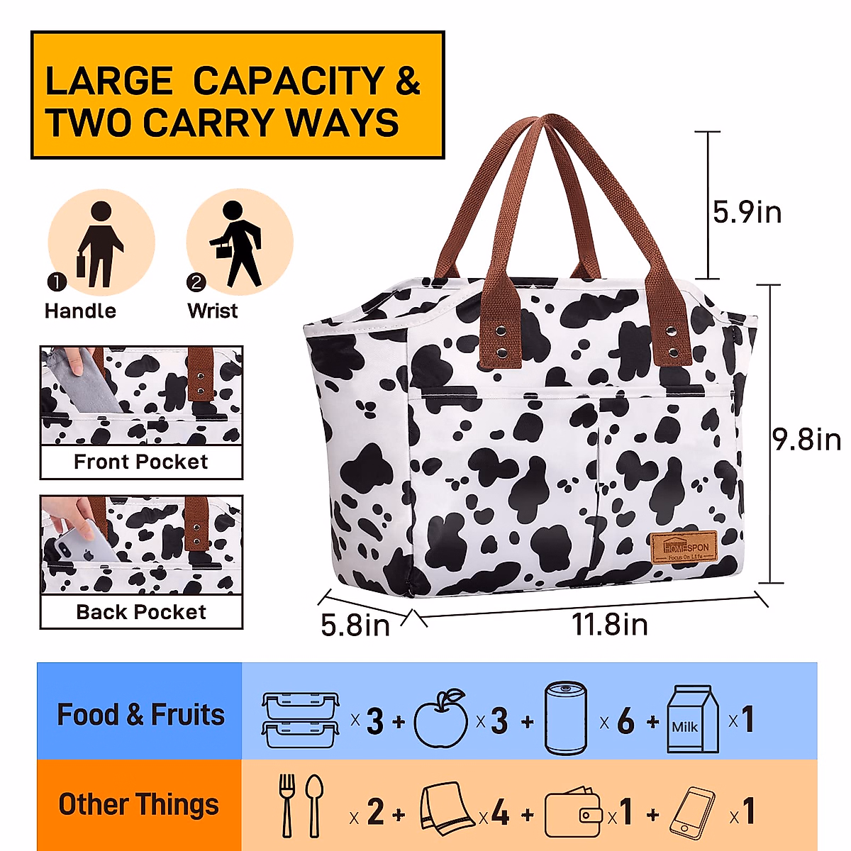 HOMESPON Fashionable Tote Reusable Insulated Lunch Bag Cooler Box with Pockets for Woman Man Work Shopping or Travel(Cow)