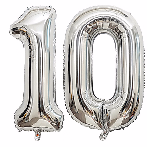 40 Inch Silver 10 Number Balloons Giant Jumbo Huge 10 Foil Mylar Helium Number Digital Balloons Silver Birthday Mylar Digital Balloons 10th Birthday Anniversary Events Party Decorations Supplies