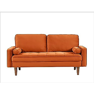 Container Furniture Direct Velvet 58" Loveseat Sofa Couch for Living Room, Classic Mid-Century Style with Modern Silhouette, Button Tufting and Wood Legs, Includes 2 Bolster Pillows, Orange