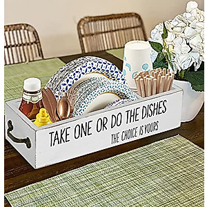 Kitchen Countertop Paper Plate Organizer Utensil Caddy, Wooden Paper Plate Holder with Handle, Utensil Caddy Holder for Cup Fork Knives Napkin Condiment, Silverware Caddy for Party Camping BBQ