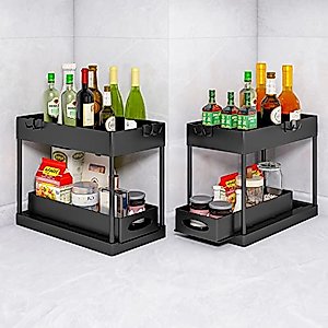 KMIGRUAN Under Sink Organizers and Storage,2 Tier Kitchen and Bathroom Organizer Under Sink Shelf，Multi-function with Hook Under Cabinet Organizer