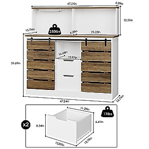 HOSTACK Farmhouse Coffee Bar Cabinet, 47" Sideboard Buffet Cabinet with Storage, Barn Doors Wine Bar Cabinet, Kitchen Buffet Table with Drawers|Adjustable Shelves for Dining Room, Kitchen, White