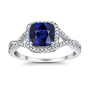 Halo Infinity Shank Engagement Ring Cushion Simulated Blue Sapphire Round Cubic Zirconia 925 Sterling Silver, Size-9