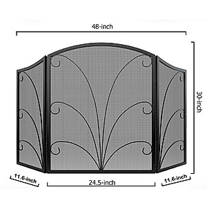 Kingson 3-Panel Arched Fireplace Screen Decorative, Handcrafted Scroll Wrought Iron Fireplace Spark Guard Cover - Black