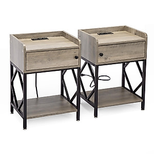 Gecheer Set of 2 Wood Nightstand, Farmhouse End Table with Charging Station, USB Ports, Cabinet, and Shelf, Sofa Bed Side Table for Bedroom Living Room, Adjustable Foot Pads, Rustic Gray
