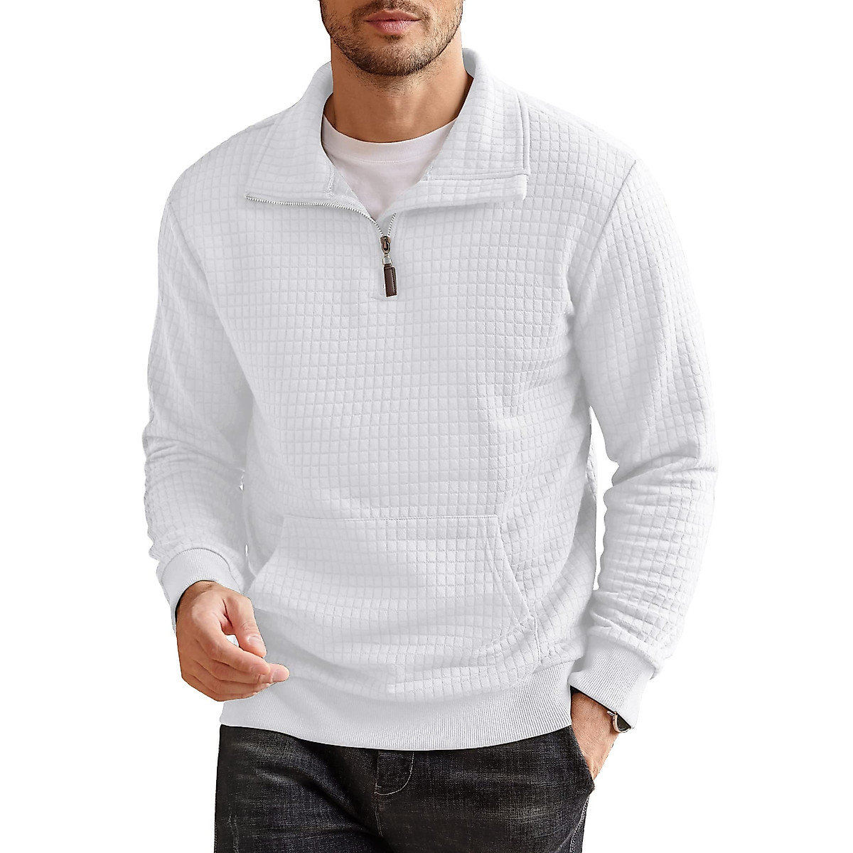 COOFANDY Men Quarter Zip Sweatshirt Long Sleeve Plaid Jacquard Pullover with Kangaroo Pokcet White