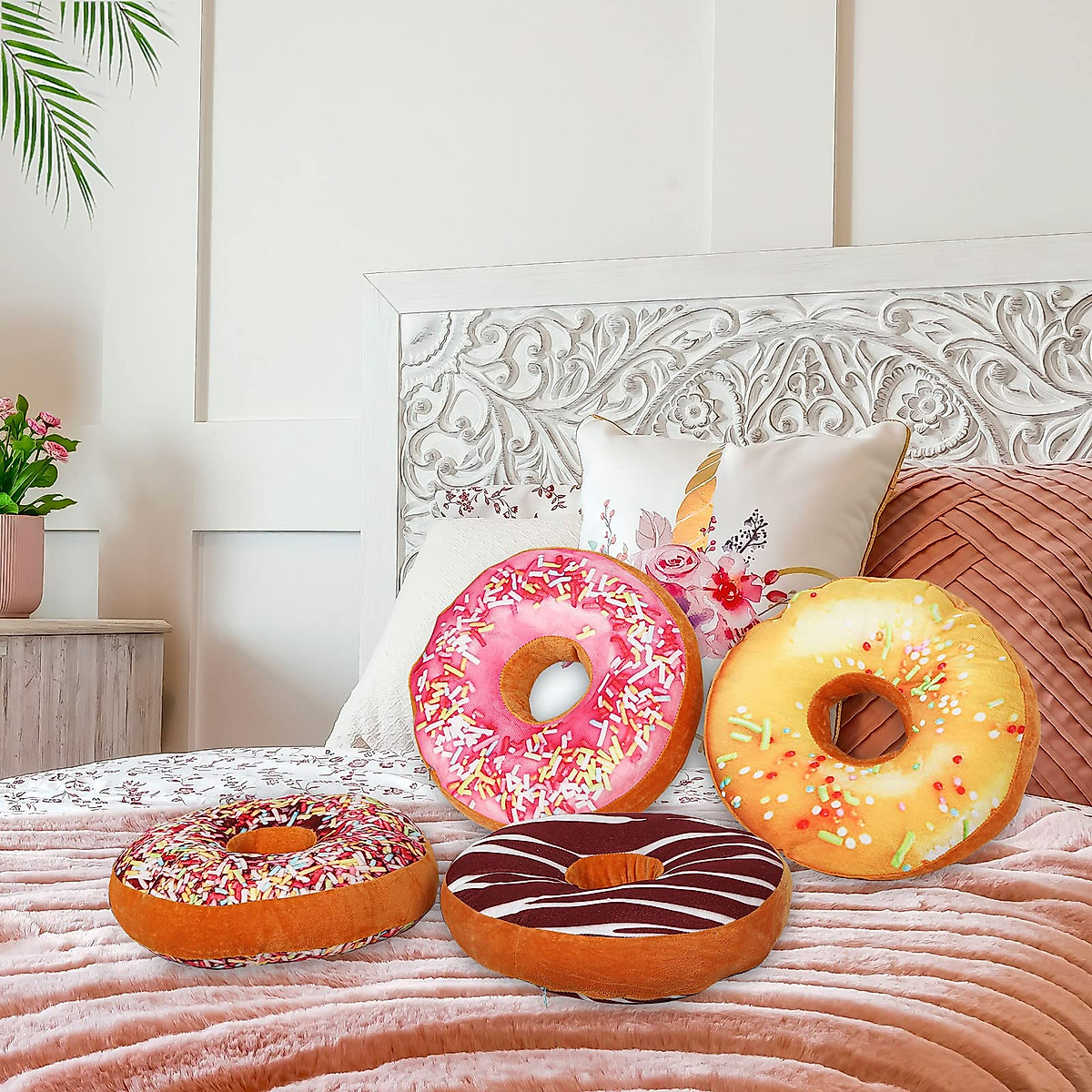 4 Pcs Donut Pillow 3D Digital Print Round Throw Pillow 16 Inches Donut Seat Back Stuffed Cushion Funny Decorative Soft Plush Food Stuffed Decor Seat Pad Cushion for Couch Chair Floor Sofa, 4 Styles