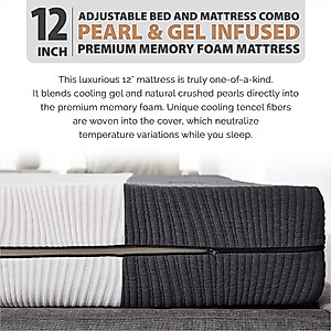 Blissful Nights Ananda 12" Pearl and Cool Gel Infused Memory Foam Mattress with Premium Adjustable Bed Frame Combo, Head Tilt, Massage, USB, Zero Gravity,Anti-Snore … (Split King)