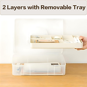 Clear Craft Organizer Storage Bins with Removable Tray, 2 Layer Stackable Plastic Storage Container Box Case for Beading, Jewelry Making, Art Craft Supplies, Sewing kits, Stationery, Pens, Markers