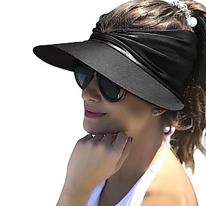 Women Visor Ponytail Sun Hat UPF 50+ UV Protection Wide Brim Beach Cap Summer Hat Outdoor(Black)