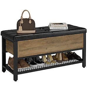 HOSTACK Storage Bench, Entryway Shoe Bench with Flip-Open Storage Box, End of Bed Ottoman Bench with Storage Shelf and Padded Seat for Bedroom, Hallway, Rustic Brown