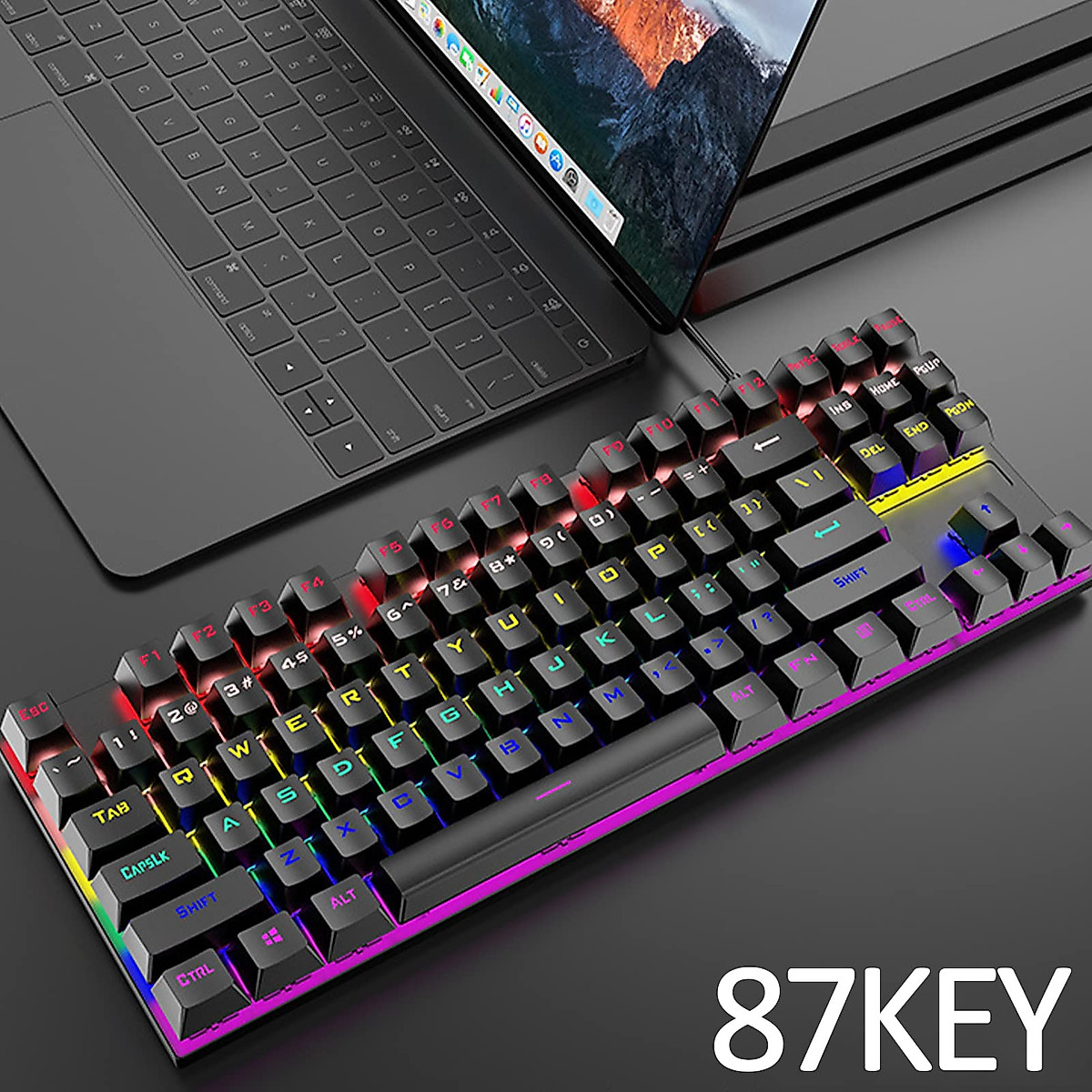 PURPLELU USB Wired Gaming Keyboard, 87-Key Mechanical Keyboard, Convenient Luminous Blue Axis Keyboard, for Playing Games