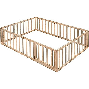 Harper & Bright Designs Full Size Floor Bed with Safety Guardrails and Door, Wood Toddler Floor Bed Frame for Girls/Boys, Full Montessori Floor Bed for Kids,Natural