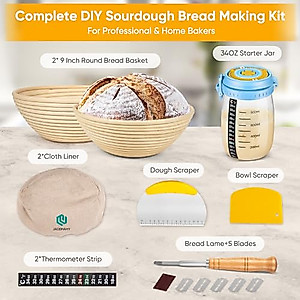 JAOBHAHY Sourdough Bread Baking Supplies, 2 PCS 9" banneton Bread Proofing Baskets, 34 OZ Starter Jar, Linen Liner, Bowl Scraper, Dough Cutte, Bread lame, Temperature Stickers,Perfect Bread Making Kit