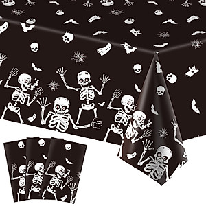 3 Pack Halloween Skeleton Tablecloth, Halloween Tablecloth Party Decorations, Plastic Skull Tablecover Backdrop Background Banner for Halloween Haunted House Party Decoration and Supplies, 54 x108Inch