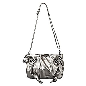 Soft Leather Tote Shoulder Bag For Women,Metal Gray Drawstring Tote Bag,Casual Simple Messenger Bag