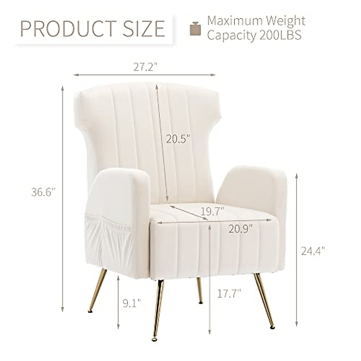 Villeston Accent Chairs Set of 2 for Living Room Velvet High Back Comfy Armchair Single Sofa with Metal Legs for Bedroom Office, Beige