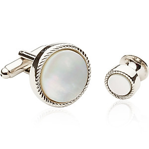 Cuff-Daddy Mother of Pearl Cufflinks and Studs Tuxedo Silver-Tone Cufflinks Round Ribbed Tuxedo Formal Set with Presentation Gift Box Unique Designed French Cuff Links Mens Wedding Business for Men