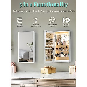 LUXFURNI LED Jewelry Organizer with Mirror, Small Jewelry Cabinet Wall-Mount/Door-Hanging Armoire,Lightweight Jewelry Storage for Bedroom