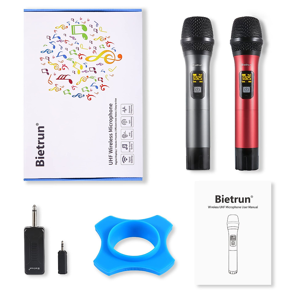 Wireless Microphone, Bietrun UHF Metal Dual Handheld Cordless Dynamic Mic System with Rechargeable Receiver, 1/4‘’Output, for Karaoke, Church, Speech, Wedding, Party Singing(160 ft Range)-Auto Connect