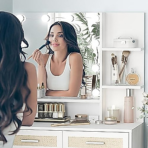 Maupvit Rattan Vanity Desk with Mirror and Lights, Boho Makeup Vanity Table Set with Nightstand, 5 Drawers & 10 Bulbs, Metal Silver Handle, 3 Open Shelves, Dressing Table with Cushioned Stool (White)