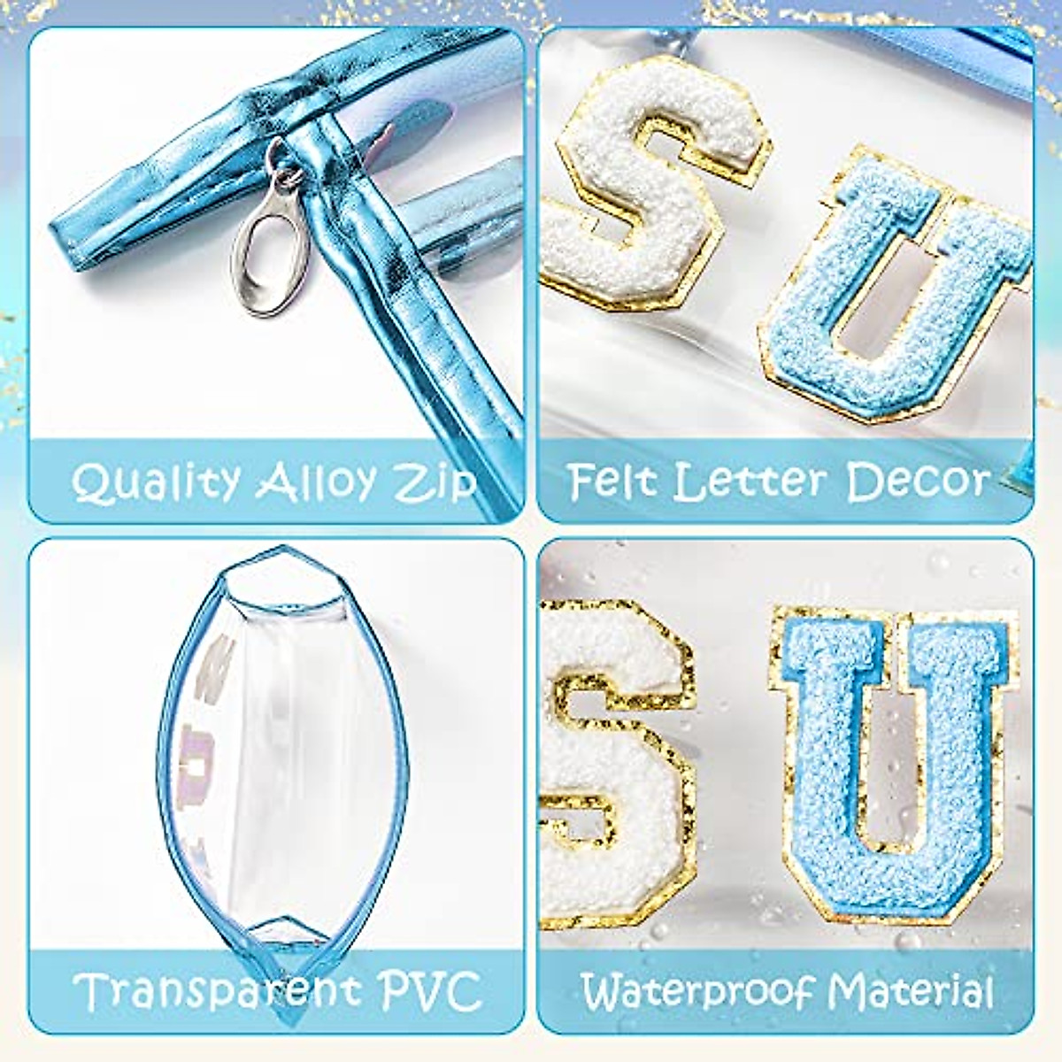 Y1tvei Preppy Patch SUN Varsity Letter Cosmetic Toiletry Bag Transparent PVC Zipper Makeup Bag Clutch Purse Portable Waterproof Travel Organizer Compliant Bag for Women Girls Teens (Blue)