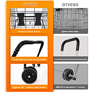 Lehboson Jumbo Folding Shopping Cart,Collapsible Shopping cart with Double Basket and 360-Degree Wheels, Utility Cart for Grocery Laundry Book Luggage Travel （Black）