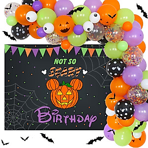 Cartoon Mouse Halloween Decorations for Birthday Party, Halloween Balloon Garland Arch Kit with Backdrop, Cartoon Mouse Halloween Theme Birthday Decorations for 1-5 Years Old Girls Boys
