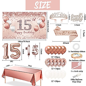 Trgowaul 15th Birthday Decorations Balloon Set Women's Arch, Rose Gold 15th Birthday Banner and Party Tablecloth, Belt and Tiara, Pink Gold 15th Balloon, Pink Birthday Cake Top, Latex Balloon * 60