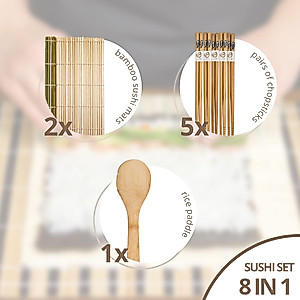 Bamboo Sushi Making Kit Sushi Roller Kit With Bamboo Sushi Mats for Sushi Bamboo Sushi Maker Kit For Homemade Sushi Set With 8 Sushi Making Tools with 2 Bamboo Sushi Rolling Mat Sushi Roll Maker Kit