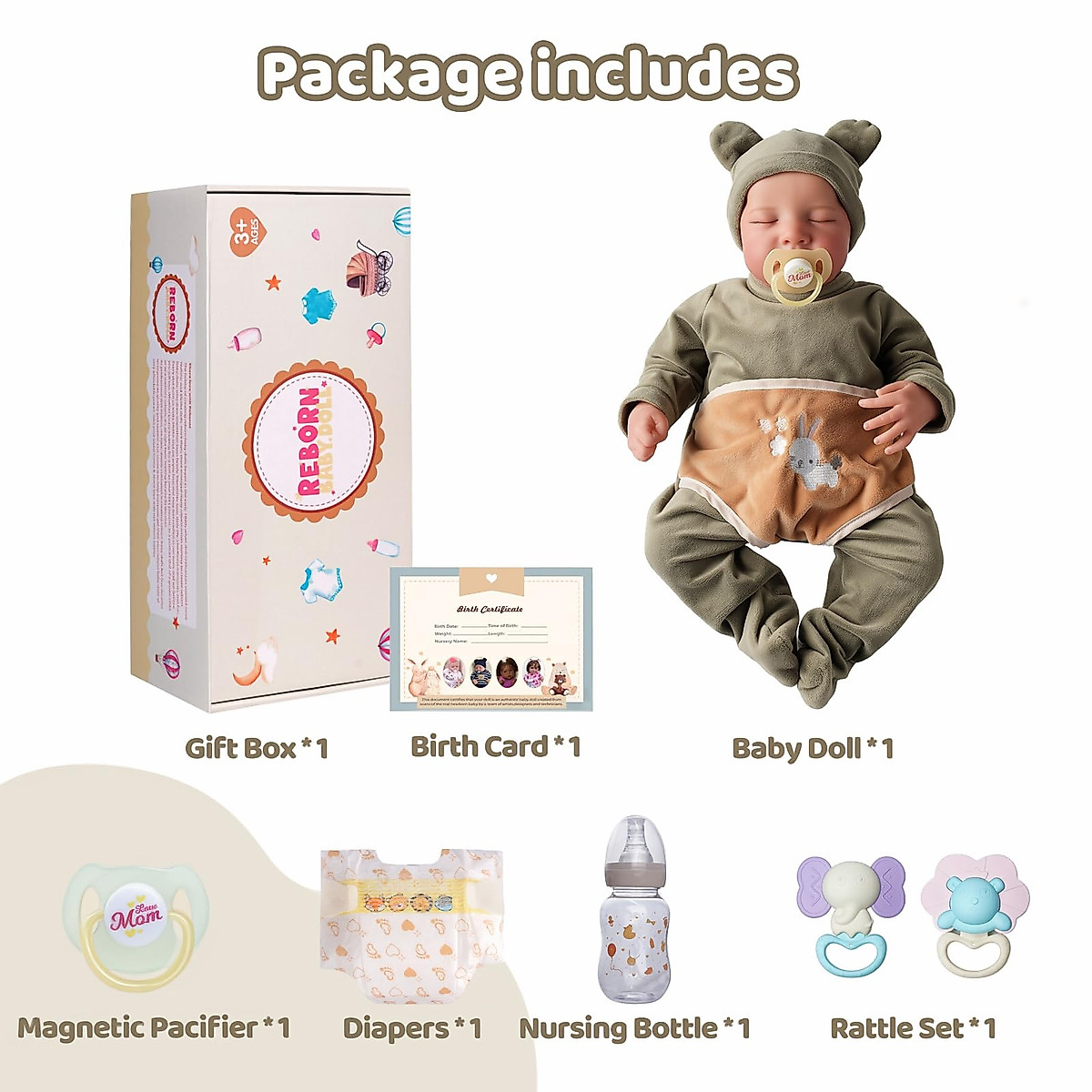 JIZHI Lifelike Reborn Baby Dolls - 17-Inch Baby Soft Skin Realistic-Newborn Cloth Body Real Life Boy Dolls with Feeding Accessories for Collection & Kids Age 3 +