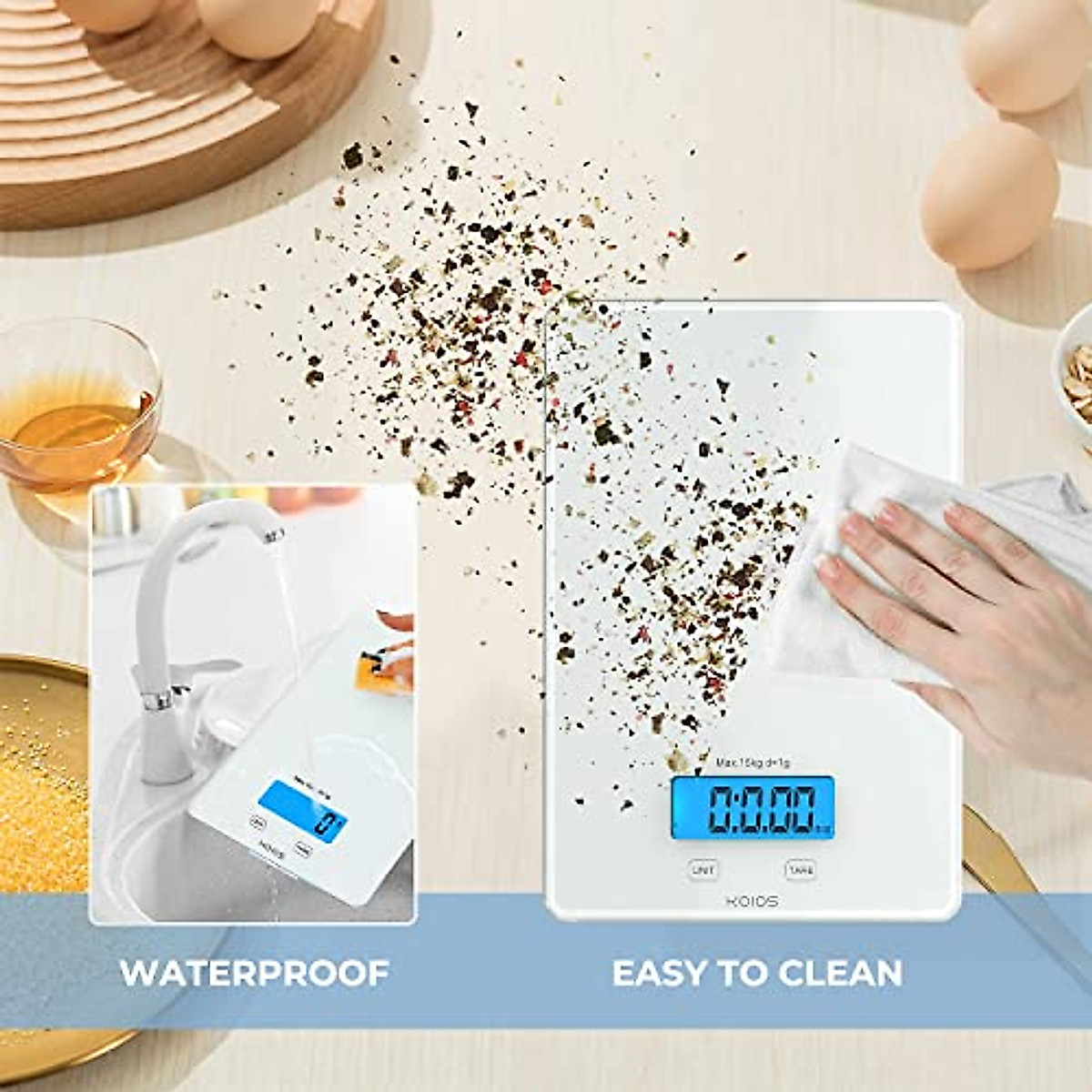 KOIOS USB Rechargeable Food Scale, 33lb/15Kg Kitchen Scale Digital Weight Grams and oz for Cooking Baking, 1g/0.1oz Precise Graduation, Waterproof Tempered Glass, 6 Weight Units, Tare Function