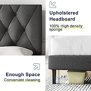 Molblly Queen Size Platform Bed Frame with Adjustable Headboard, Linen Fabric Wrap, Strong Frame and Wooden Slats Support, No Box Spring Needed, Non-Slip and Noise-Free, Easy Assembly, Dark Grey