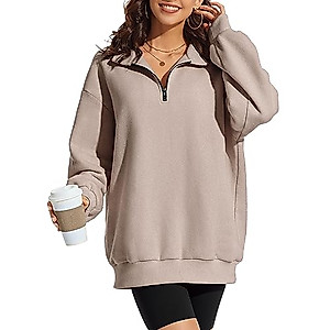 ATHMILE Womens Oversized Half Zip Pullover Long Sleeve Sweatshirt Quarter Zip Hoodie Sweater Teen Girls Fall Y2K Clothes Coffee Grey