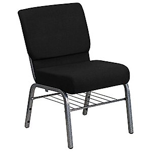 Flash Furniture HERCULES Series 21''W Church Chair in Black Fabric with Book Rack - Silver Vein Frame