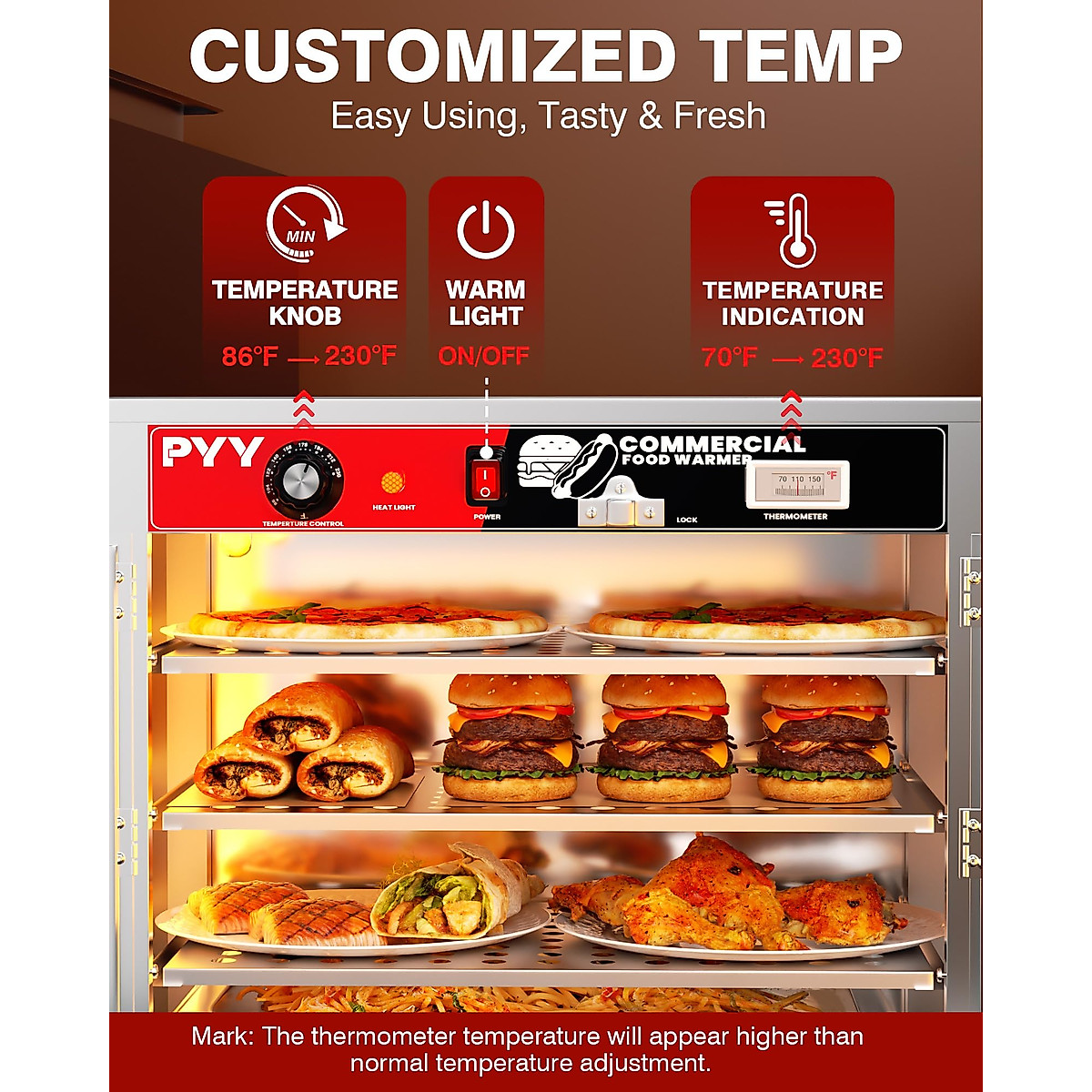 PYY Hot Box Food Warmer - 4 Tier Commercial Catering Warming Cabinet for Pizza Pretzel, Electric Countertop Heating Machine for Restaurant, Stainless Steel Dual Door with Water Tray and Thermometer