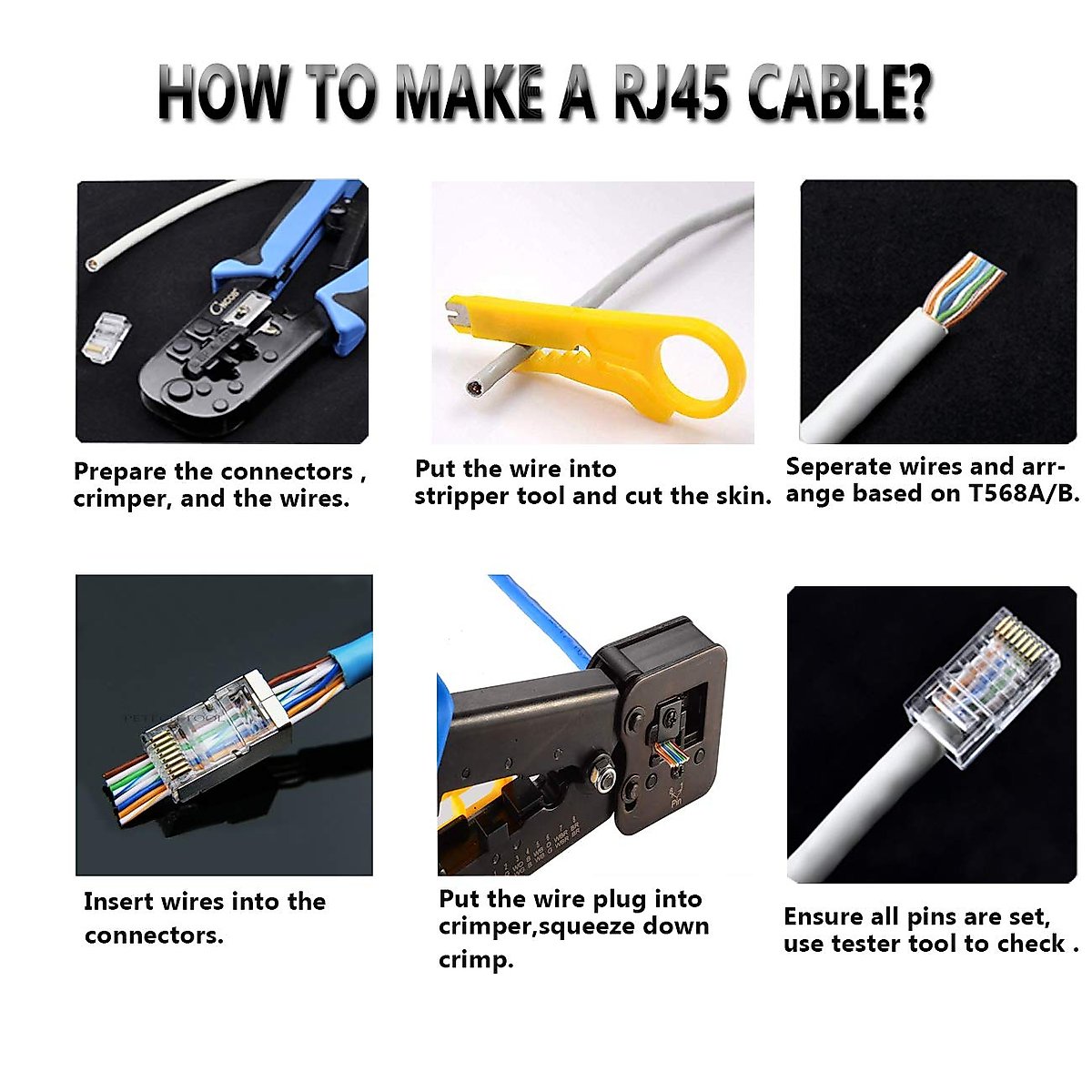 PETECHTOOL RJ45 CAT6 Connector End Pass Through Ethernet Cat6 Ends 8P8C Modular Plug for Solid or Stranded UTP Ethernet Cable （ 100 Packs - with Wire Stripper