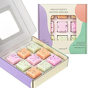 Shower Steamers Aromatherapy Set of 9 Natural XL Cubes w Essential Oils , 6 Scents Variety Pack: Awaken(Eucalyptus+Peppermint), Relax(Lavender+Sage), Revive(Grapefruit+Fir) Hanging Sachet Included