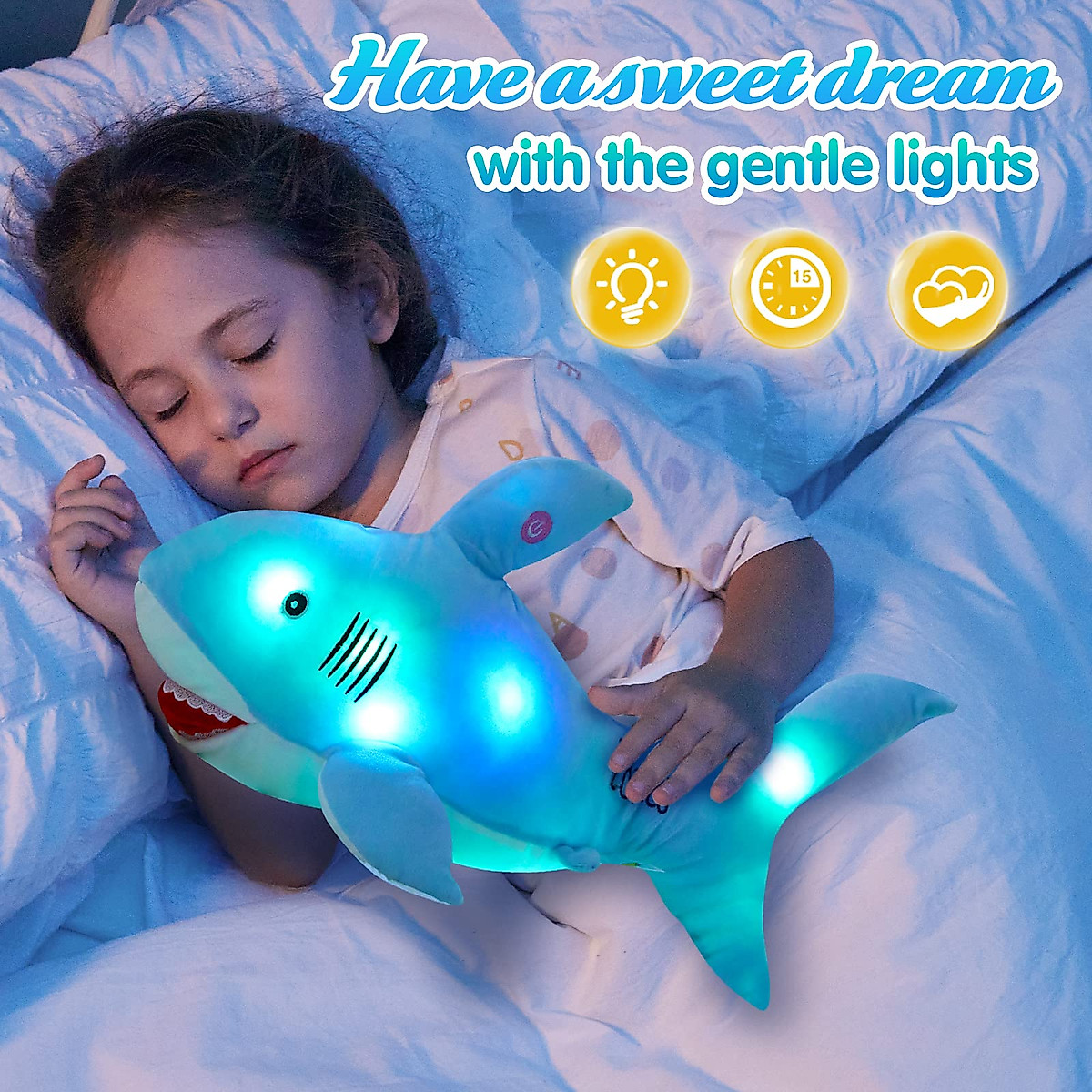 BSTAOFY 20'' LED Shark Soft Plush Toy Night Light Up Stuffed Animal Ocean Life Luminous Glow in The Dark Bedtime Companion Gifts for Kids Friends Birthday Valentines Christmas Festivals, Blue