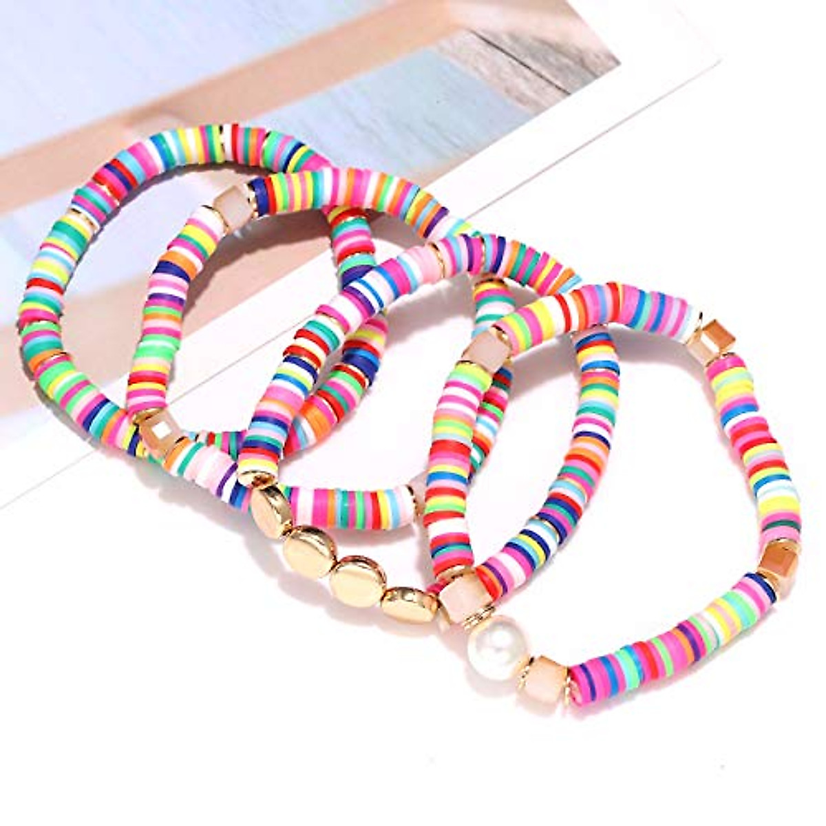 ARATLENCH Heishi Surfer Necklaces Bracelets –Colorful Vinyl Disc Beads Love Necklace Boho Rainbow Stack Stretch Friendship Bracelet Necklaces Set for Women
