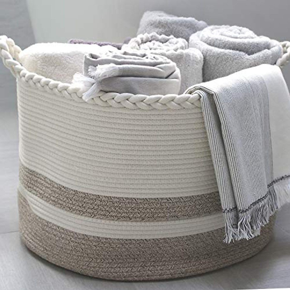Cotton Rope Basket for Living Room Blanket Storage - Kids Playroom Storage Organizer - Woven Nursery Laundry Basket for Clothes, Bathroom Towels, Toys - Home Decorations Bins - Extra Large 20"D x 13"H